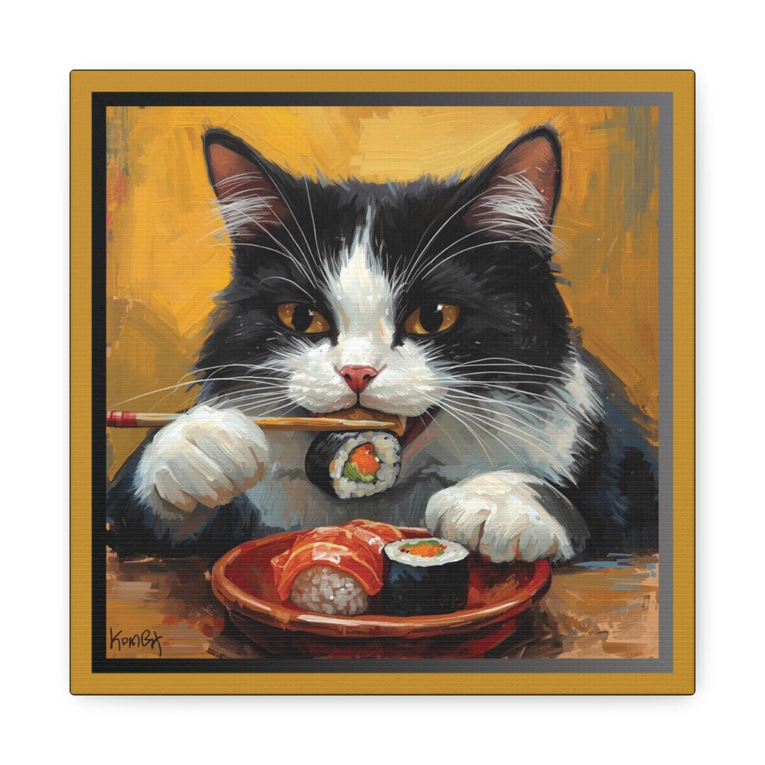 Din Din | Cat Eating Sushi | Wall Art Canvas - Etsy