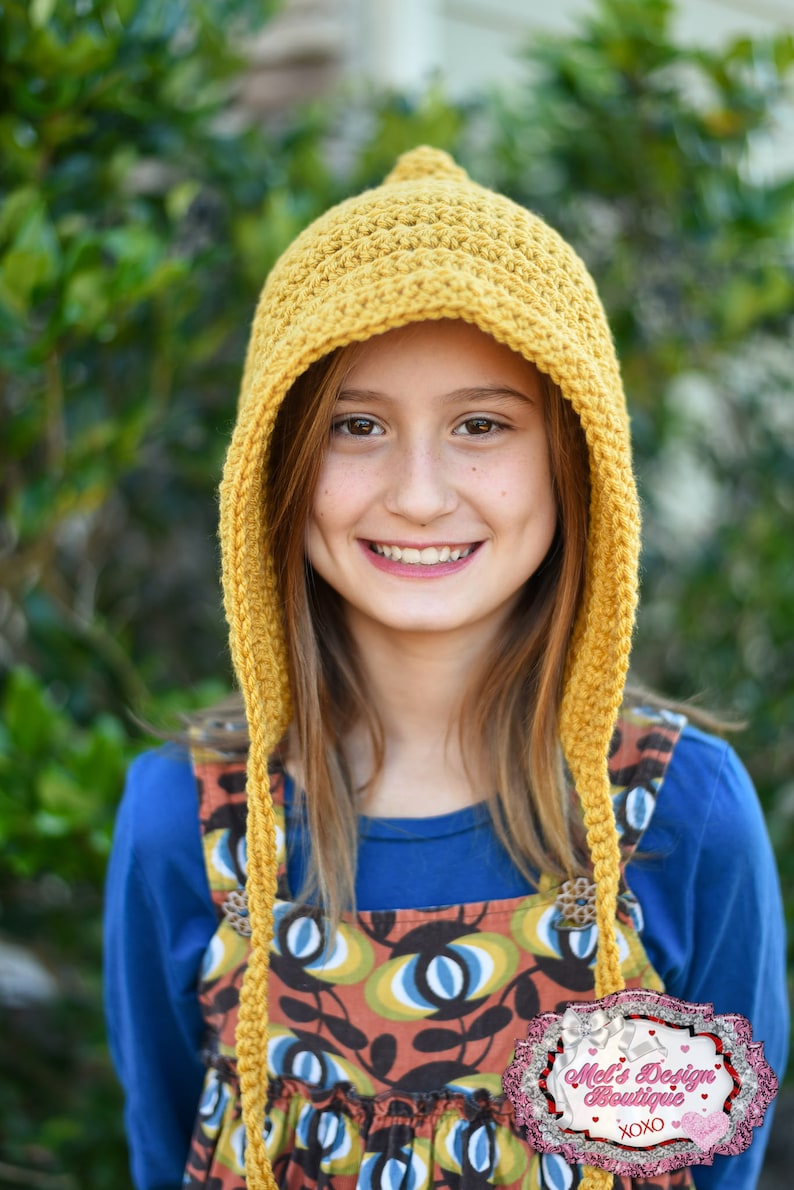 Crochet Pixie Hat With Ties Winter Hood Mustard Pixie - Etsy