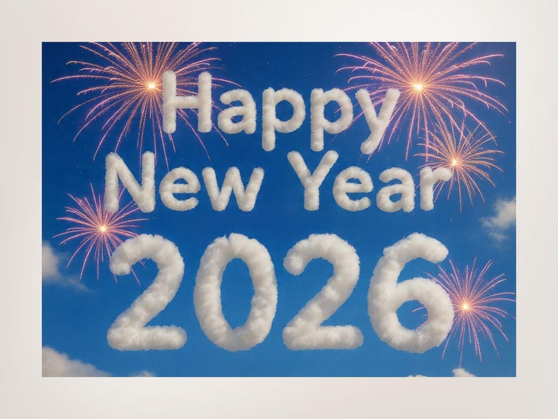 Happy New Year 2026 Printable Card - Clouds & Fireworks Digital ...