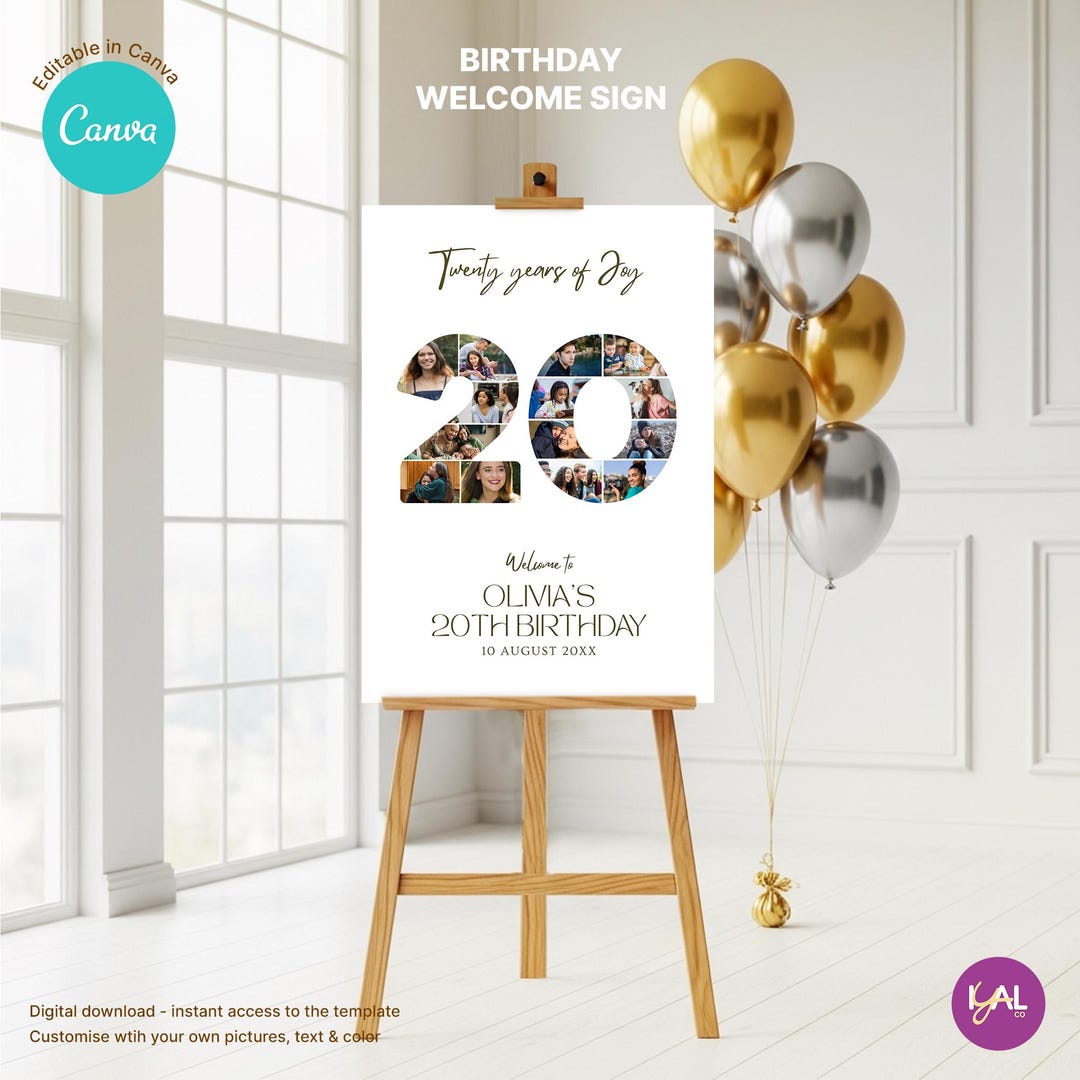 20th Birthday Printable Welcome Sign Canva Template | Editable Photo ...