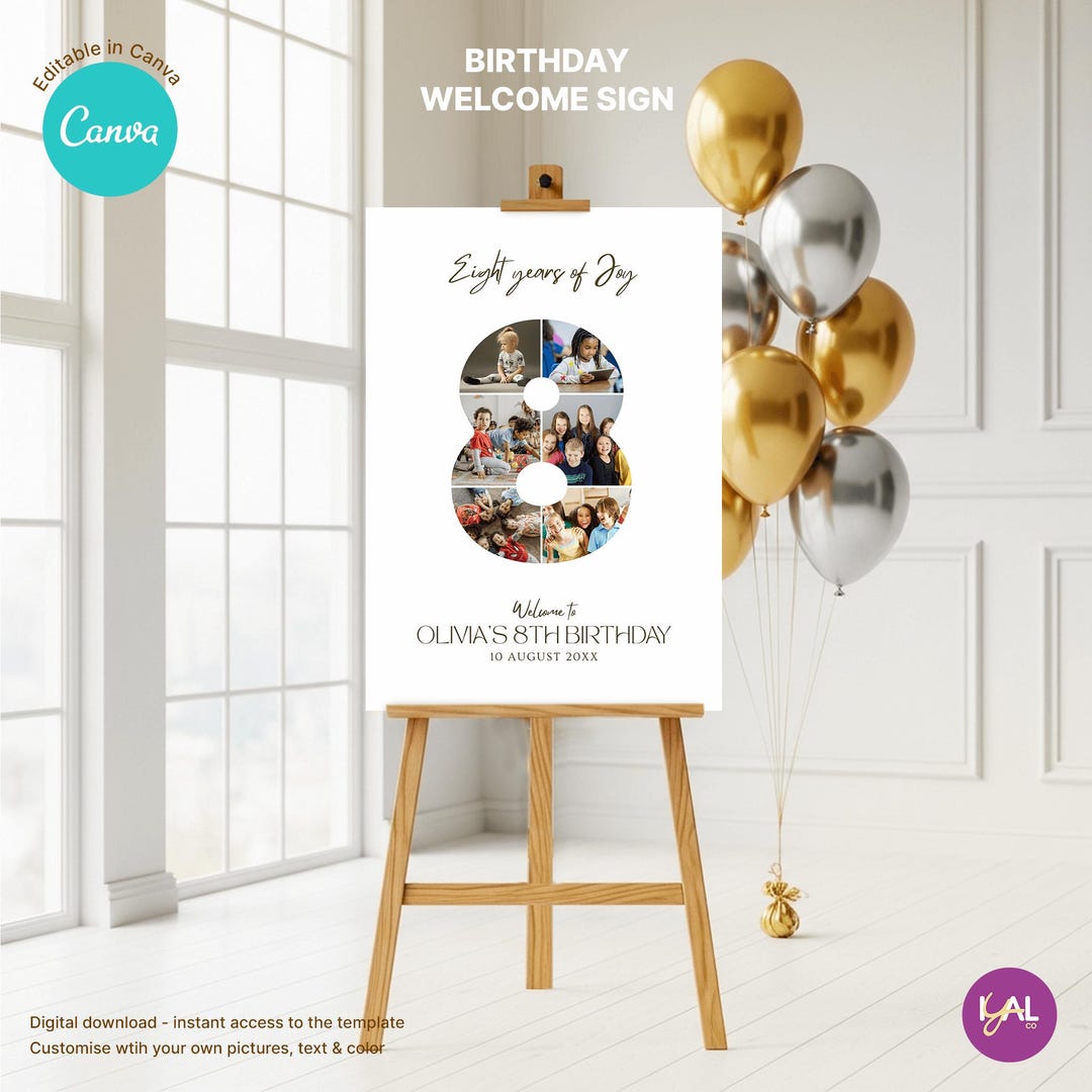 8th Birthday Printable Welcome Sign Canva Template | Editable Photo ...