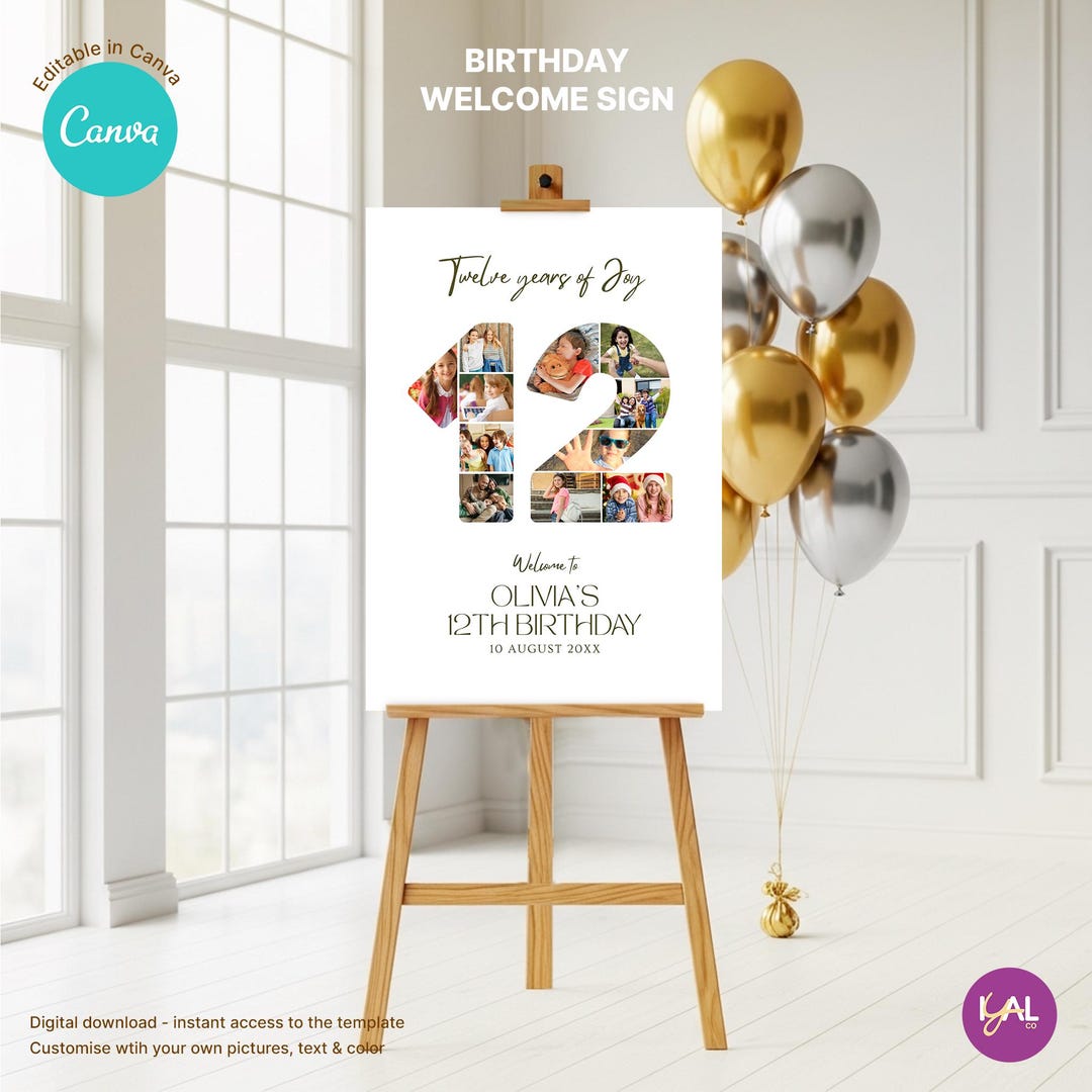 12th Birthday Printable Welcome Sign Canva Template | Editable Photo ...