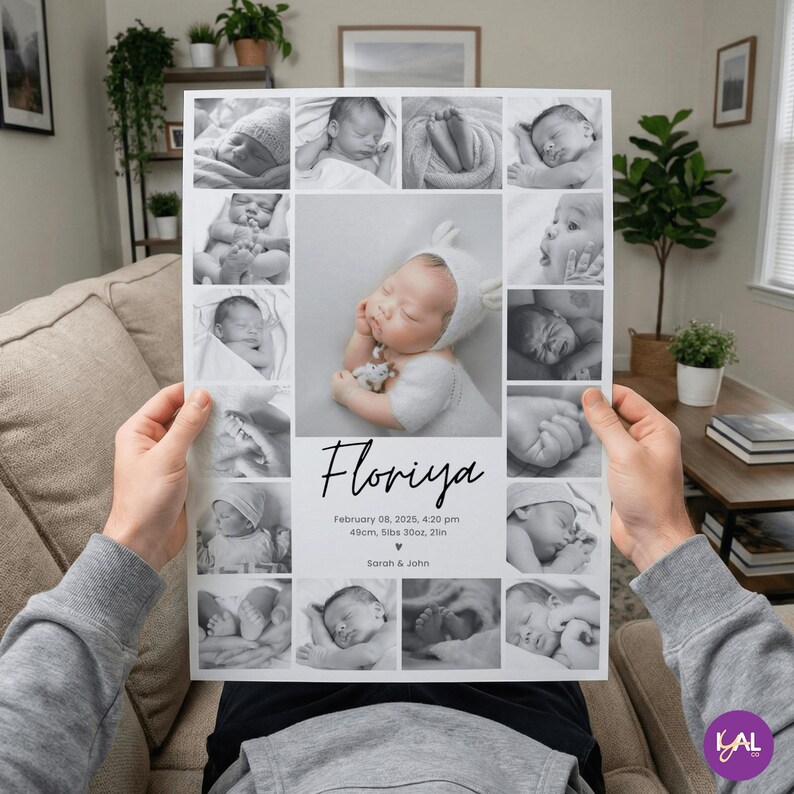 Newborn Photo Collage Template | Birth Stats Keepsake Canva Editable ...