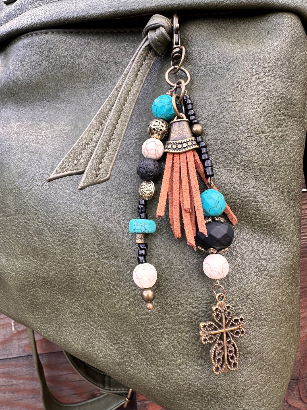 Handmade Beaded Purse Charm: Rustic Brass Cross & Turquoise Tassel - Etsy