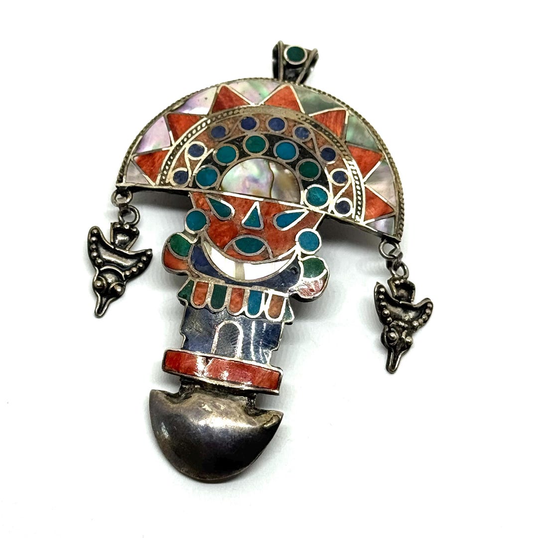 Vintage 950 Silver Tumi God Knife Peruvian Inca Inlaid Gemstone Statue ...