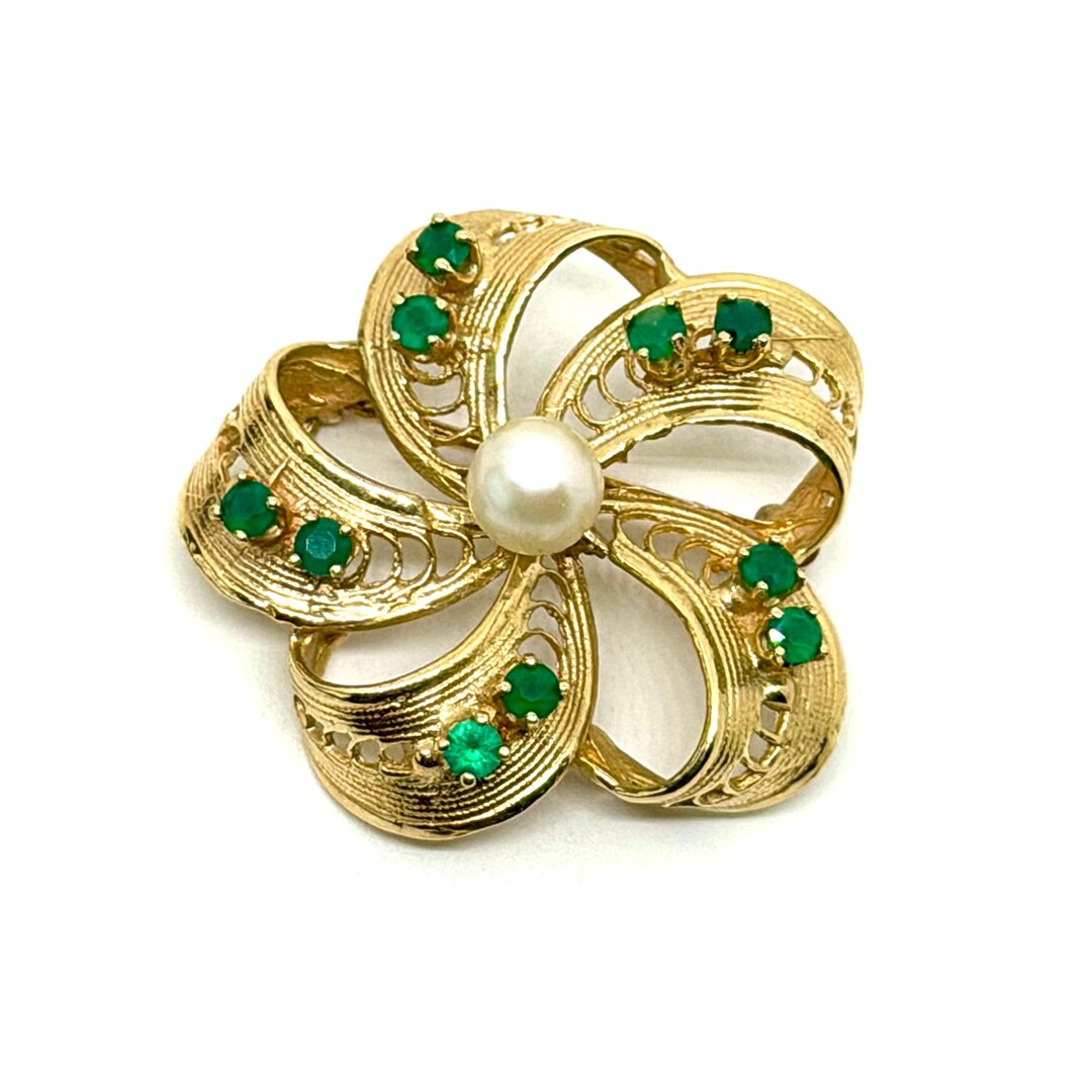 Vintage 14K GW Signed Pearl Emerald Abstract Flower Floral Brooch Pin ...