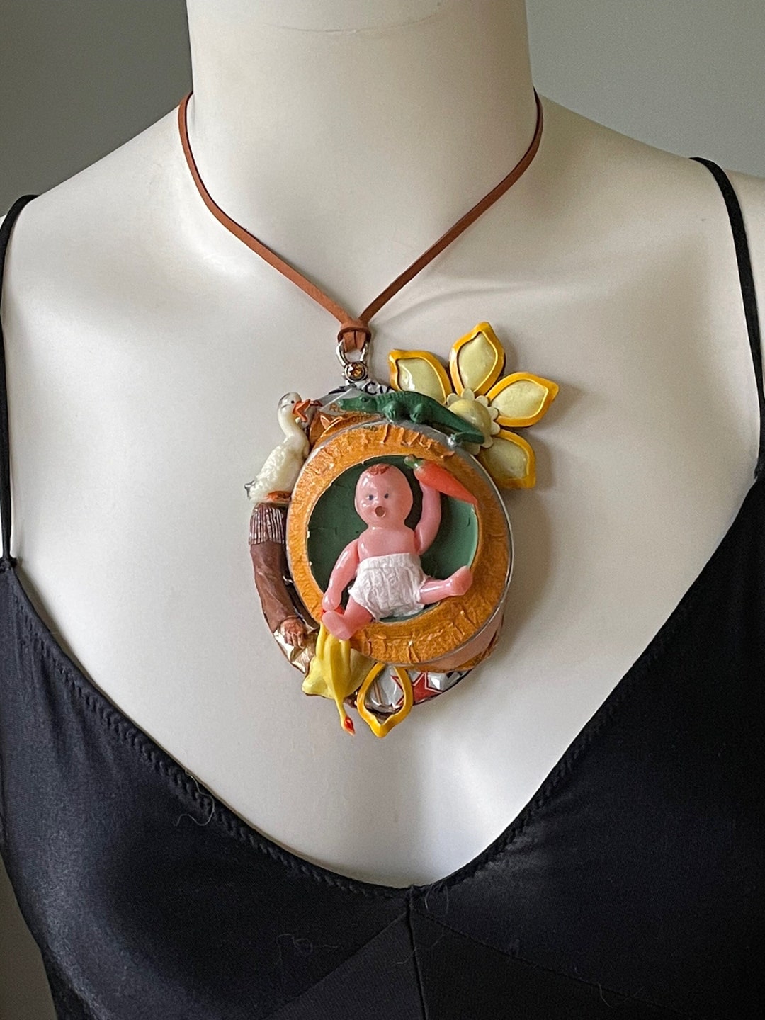 Narrative Necklace, Assemblage Necklace, Born Farmer Tends His Poultry and Harvests Carrots ...