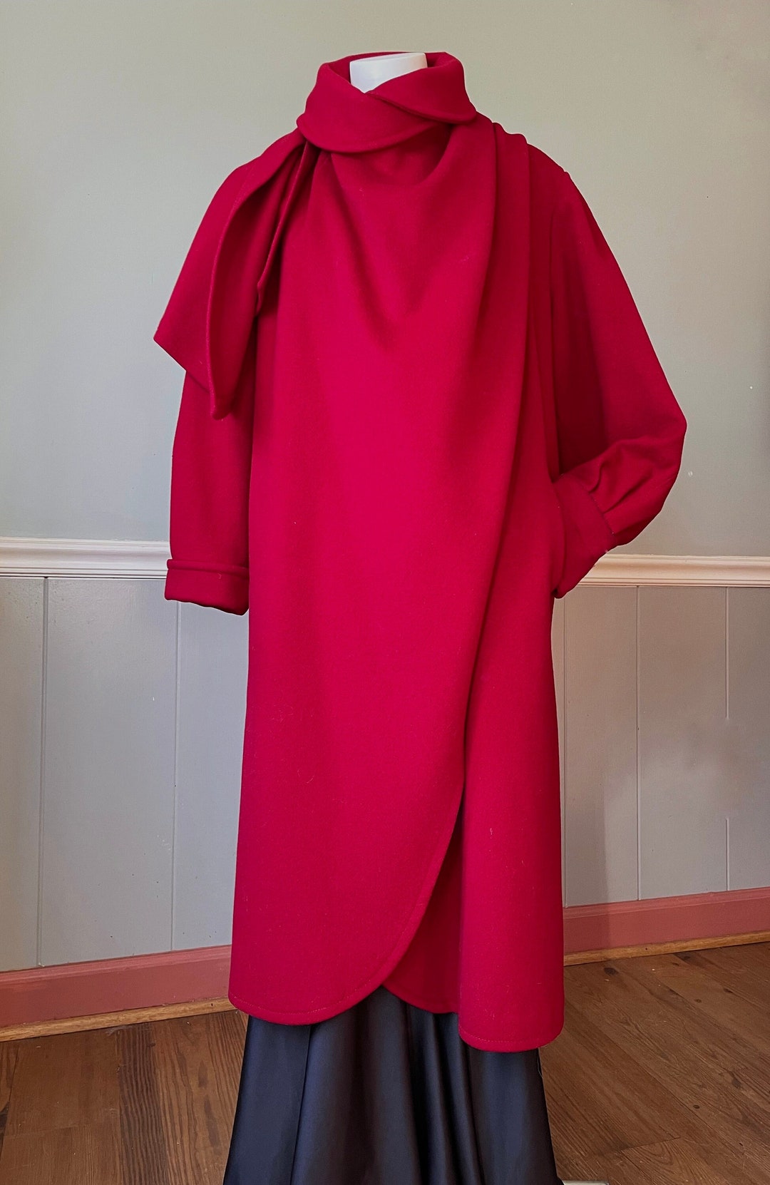 Red Wool Coat, Scarf Coat, Scoat, Wrap Coat, Red Crimson Wool Melton ...