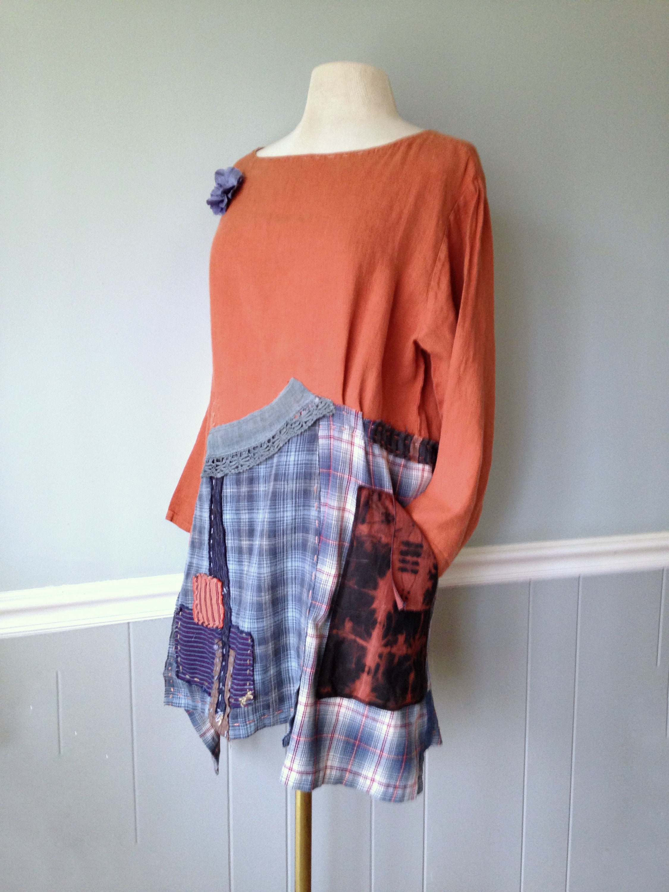 Upcycled Linen Boro Tunic Top, flower Mori Style, Japanese Patchwor ...
