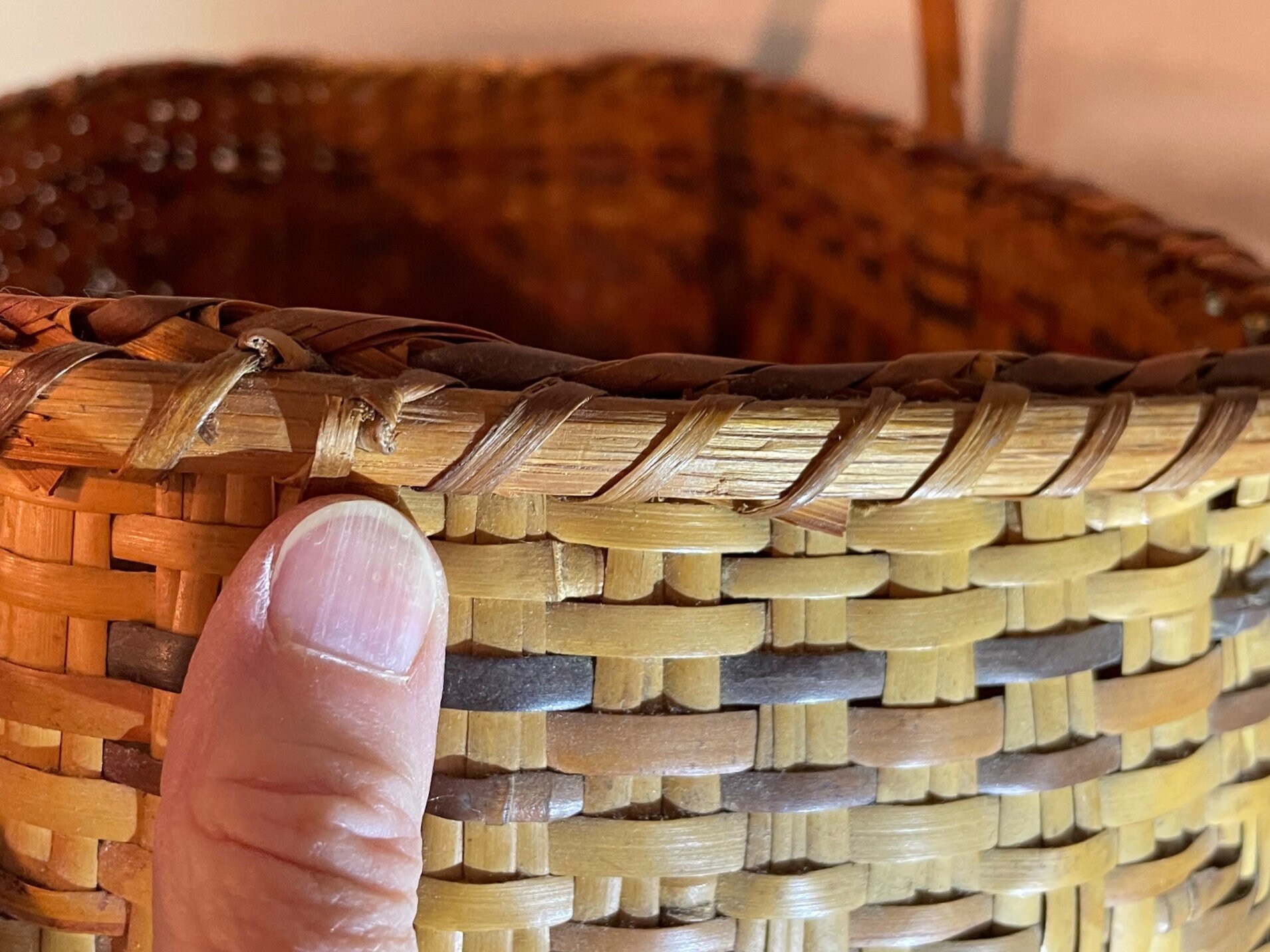 Cherokee River Cane Market Basket, Diamond Pattern, Brown and Red Dyed ...