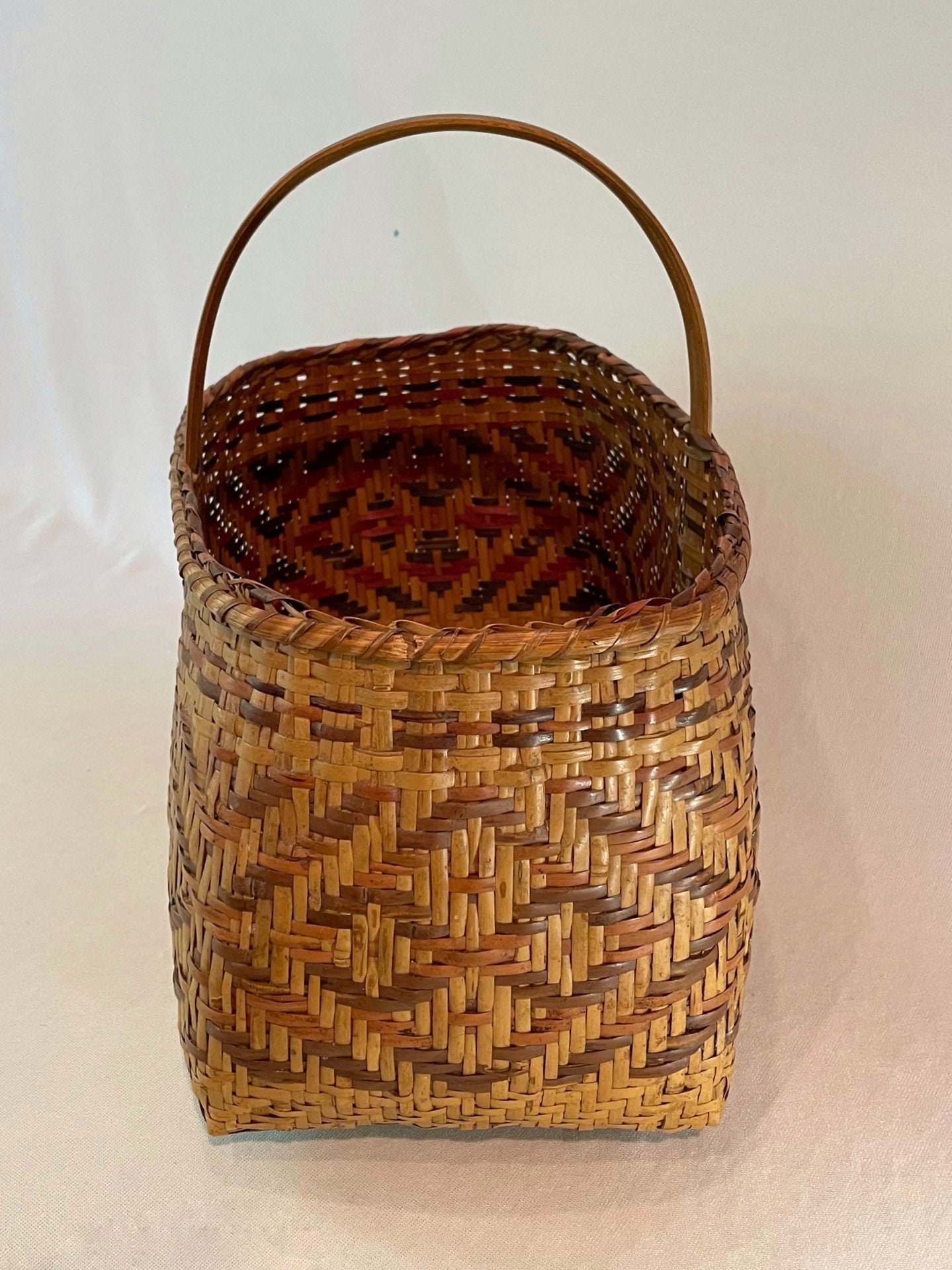 Cherokee River Cane Market Basket, Diamond Pattern, Brown and Red Dyed ...