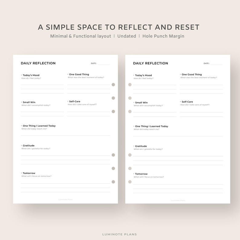Daily Reflection Printable | Minimal A5 Journal Page | Simple Self ...