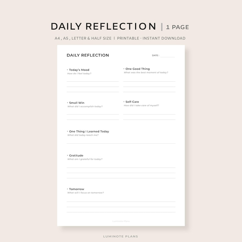 Daily Reflection Printable | Minimal A5 Journal Page | Simple Self ...
