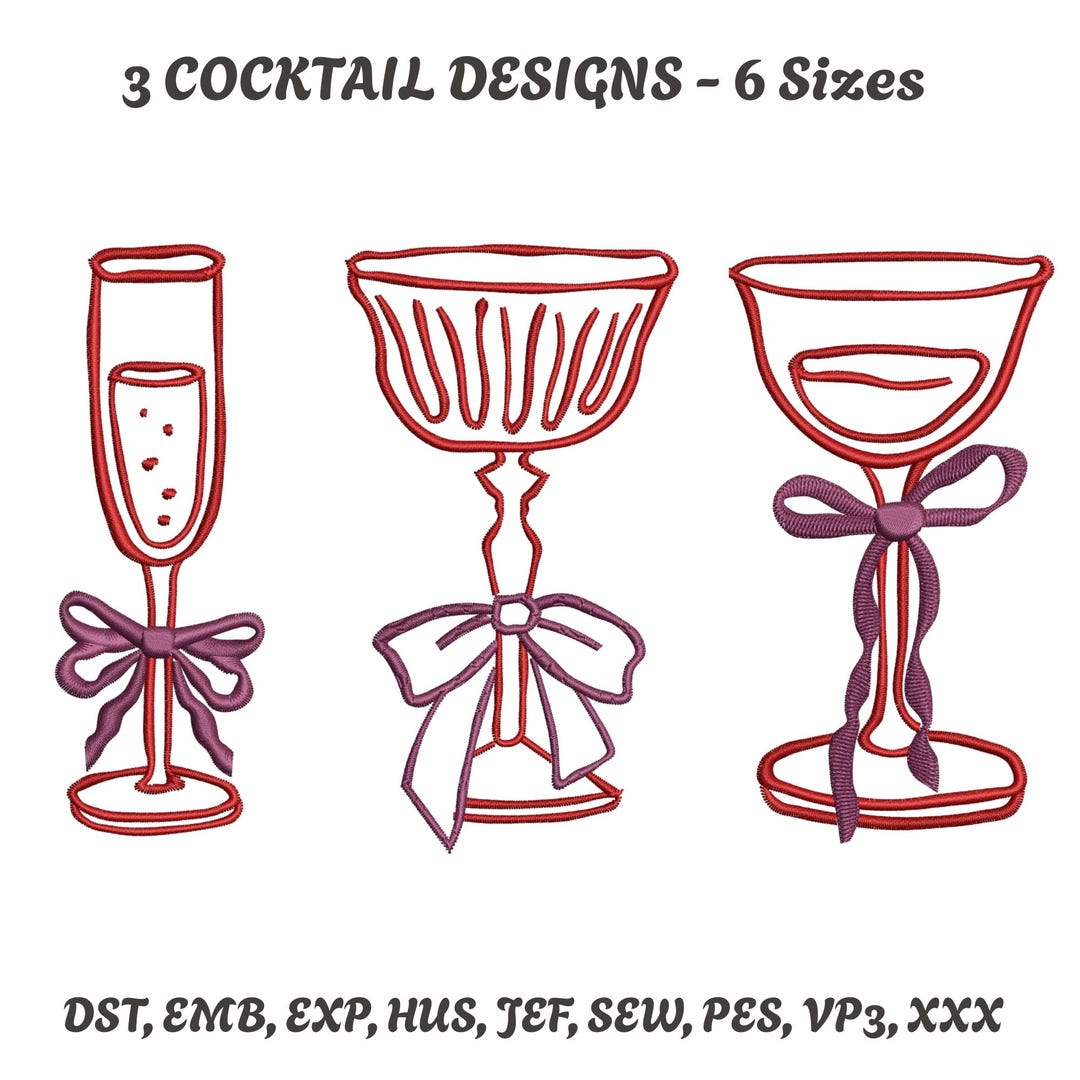 Set of 3 Cocktail Drinks Mini Embroidery Designs, Cute Cocktails, Mini ...