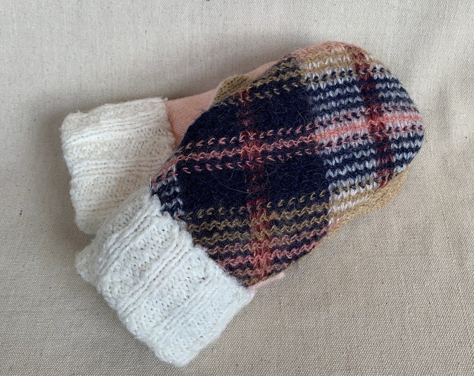 Plaid Mittens, Navy Blue, Pink, Tan and White Upcycled Wool Sweater ...