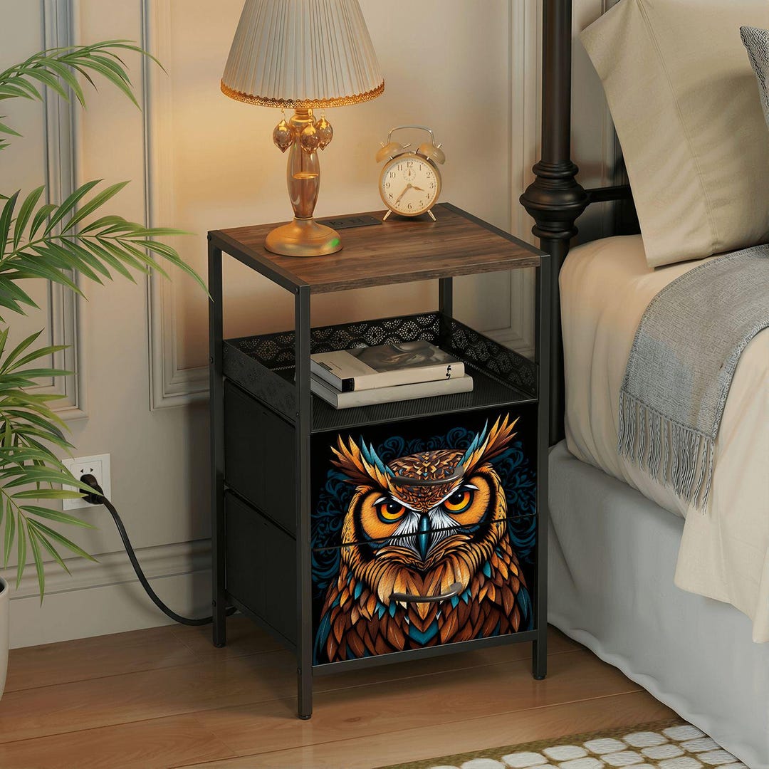 Vintage Owl Nightstand With Charging Station Dark Academia End Table ...