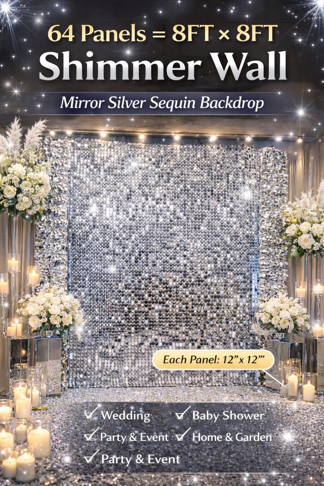 Mirror Silver Sequin Backdrop | 8FT X 8FT 64 Pieces Shimmer Wall Panels ...