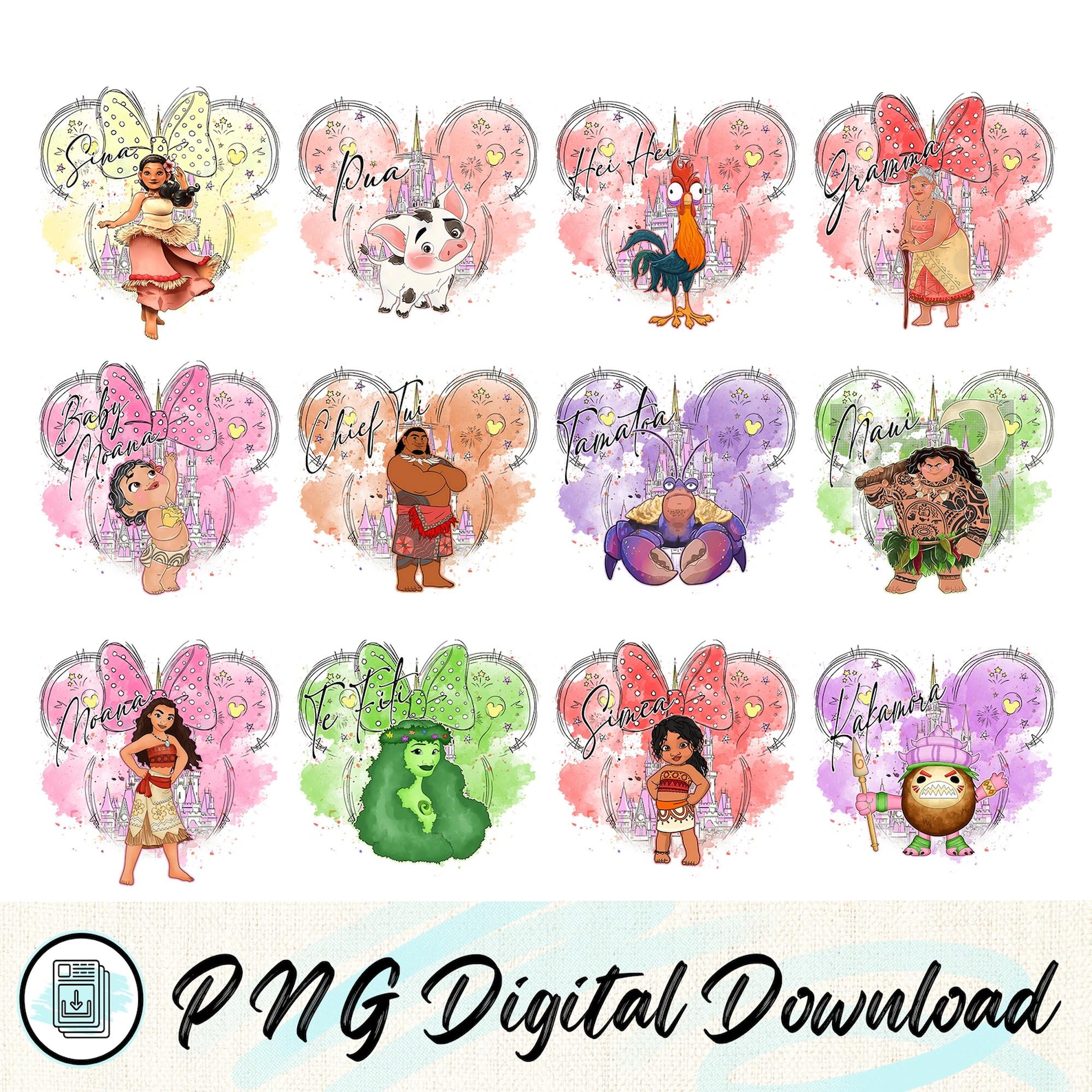 Disneyland Castle Watercolor Moana Characters Bundle PNG, Disneyland ...