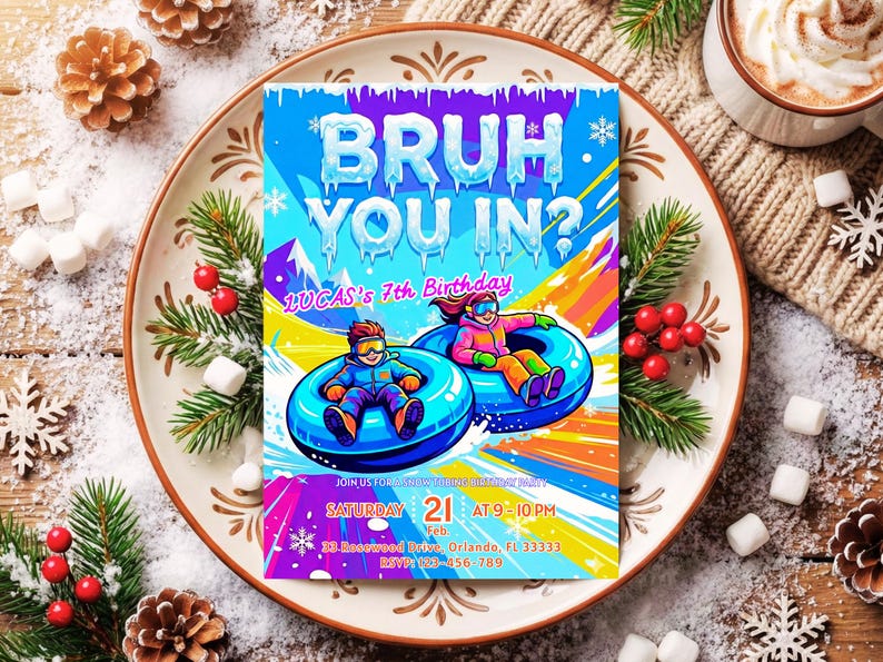 Snow Tubing Birthday Invitation | Winter Kids Party, Editable Template ...