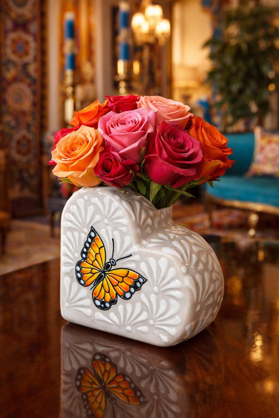 Talavera Heart Vase | White W/ Butterfly | Lead Free - Etsy