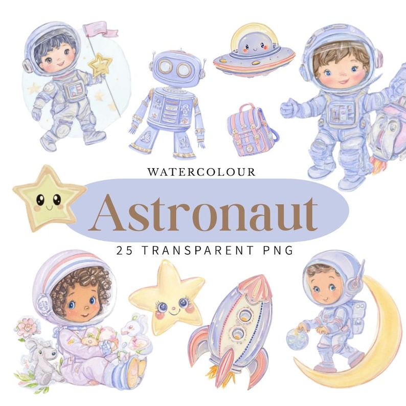 Watercolor Astronaut Girl Clipart, Space Adventure PNG Bundle - Etsy