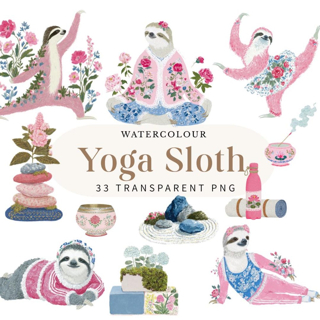 Zen Sloth Yoga Clip Art – 33 Minimalist Watercolor Illustrations (PNG ...