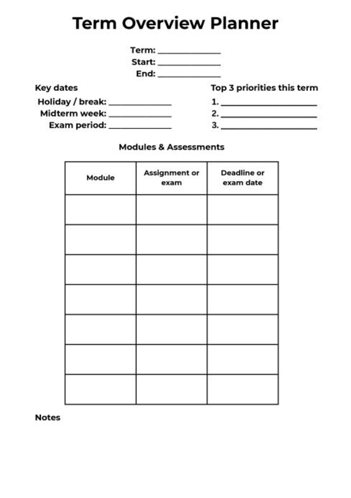 Simple A4 Student Term Planner - Printable Digital Download - Etsy