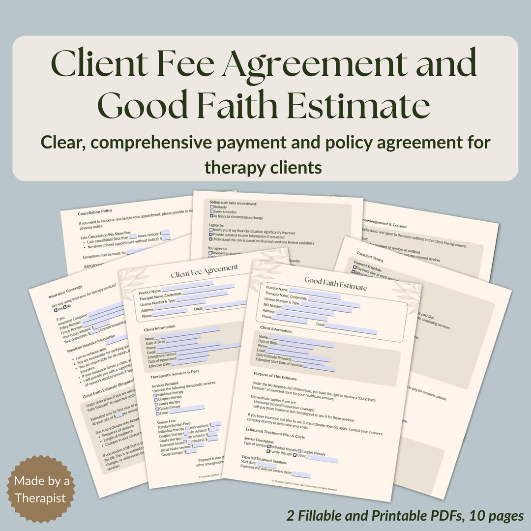 Client Fee Agreement Template for Therapists | Fillable PDF | Good ...
