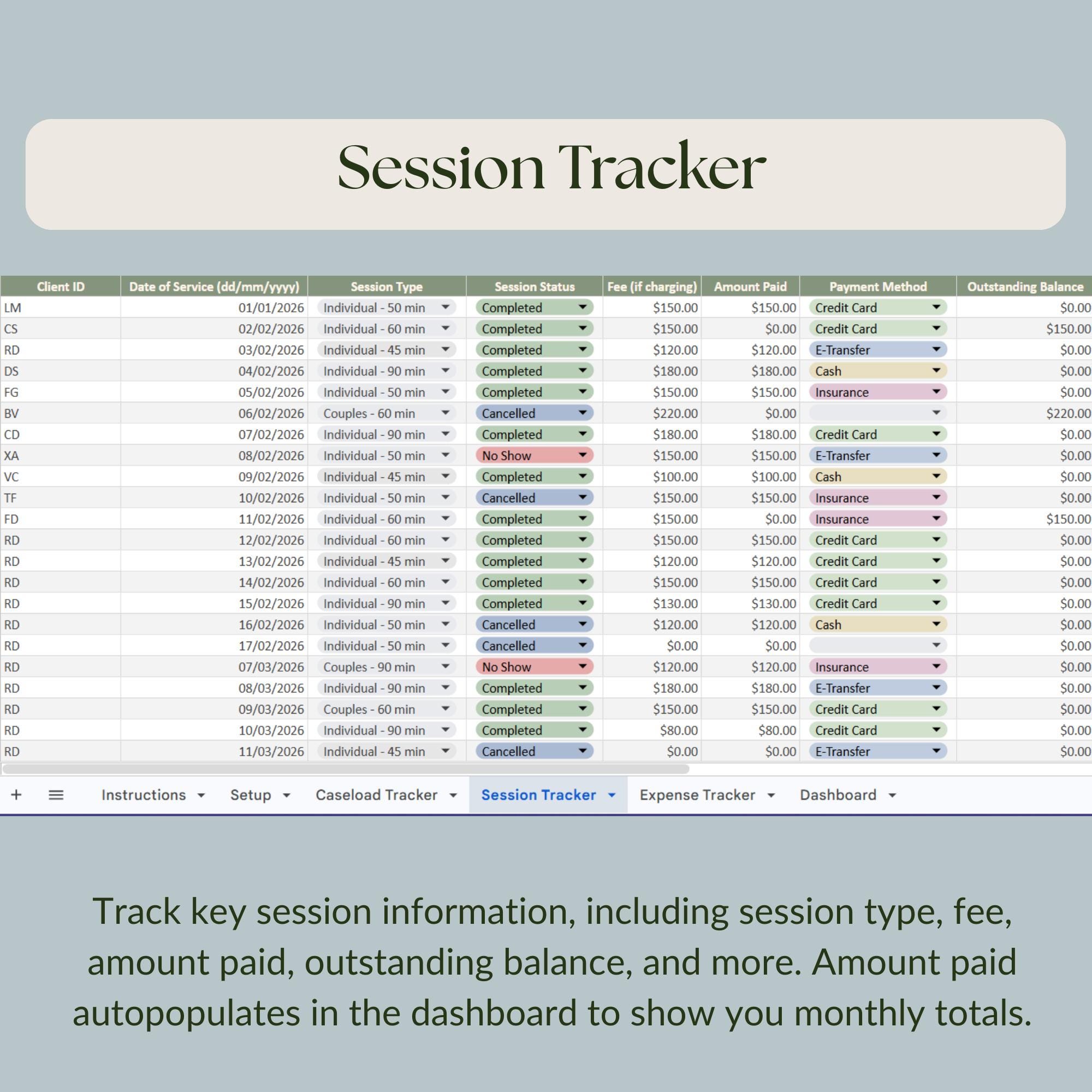 Therapist Practice Management Spreadsheet | Client & Session Tracker ...
