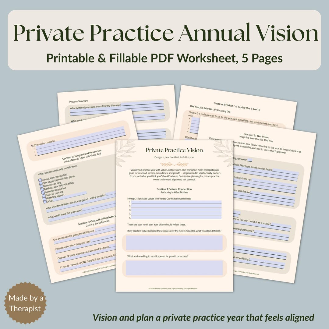 Annual Private Practice Vision Worksheet for Therapists | Reflective ...