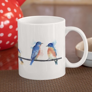 Bluebirds Coffee Cup, Watercolor Art, Mug, Drinkware, Bird Love Gift ...