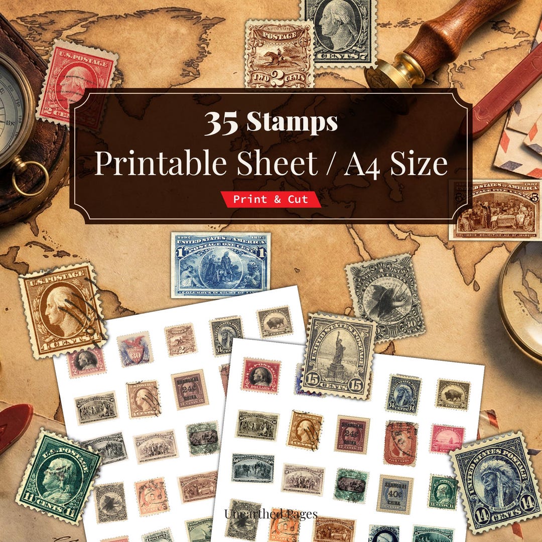35 Vintage Postage Stamps Collage Sheet, Printable Postal Ephemera, Old ...