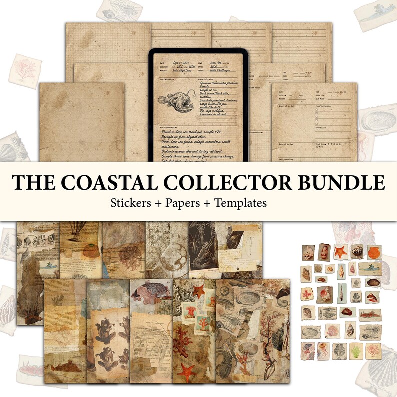 Vintage Coastal Scrapbook Kit | Seashell Stickers, Journal Templates ...