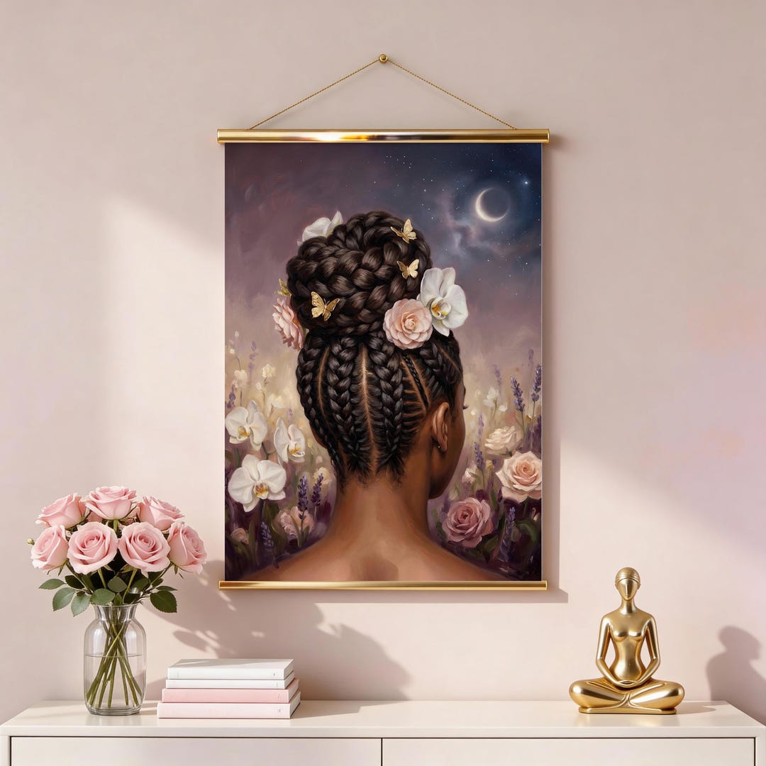 Crescent Moon Braids Poster: Black Woman, Floral Night Scene - Etsy