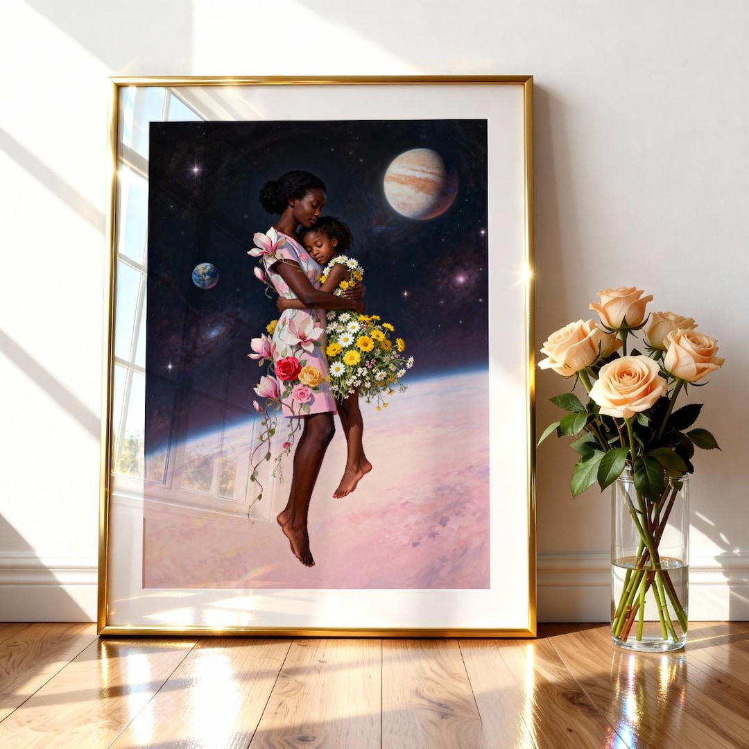 Black Mother and Daughter Wall Art - Floating in Space With Stars - Etsy