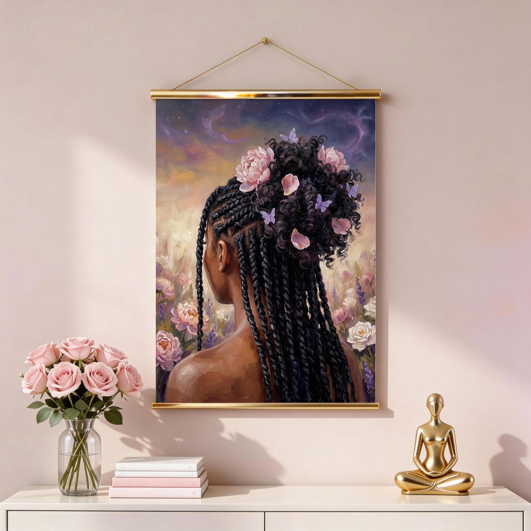 Rose Nebula Braids Poster: Black Woman, Floral Galaxy Portrait - Etsy