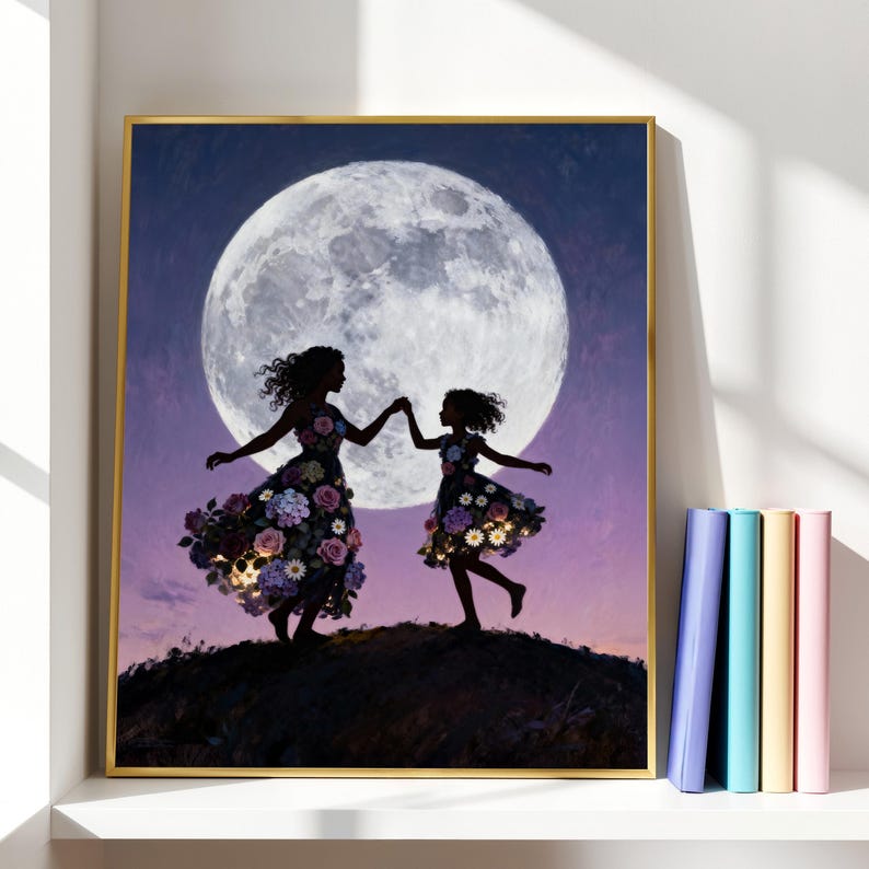 Black Mother & Daughter Holding Hands Under Full Moon Wall Art Poster ...