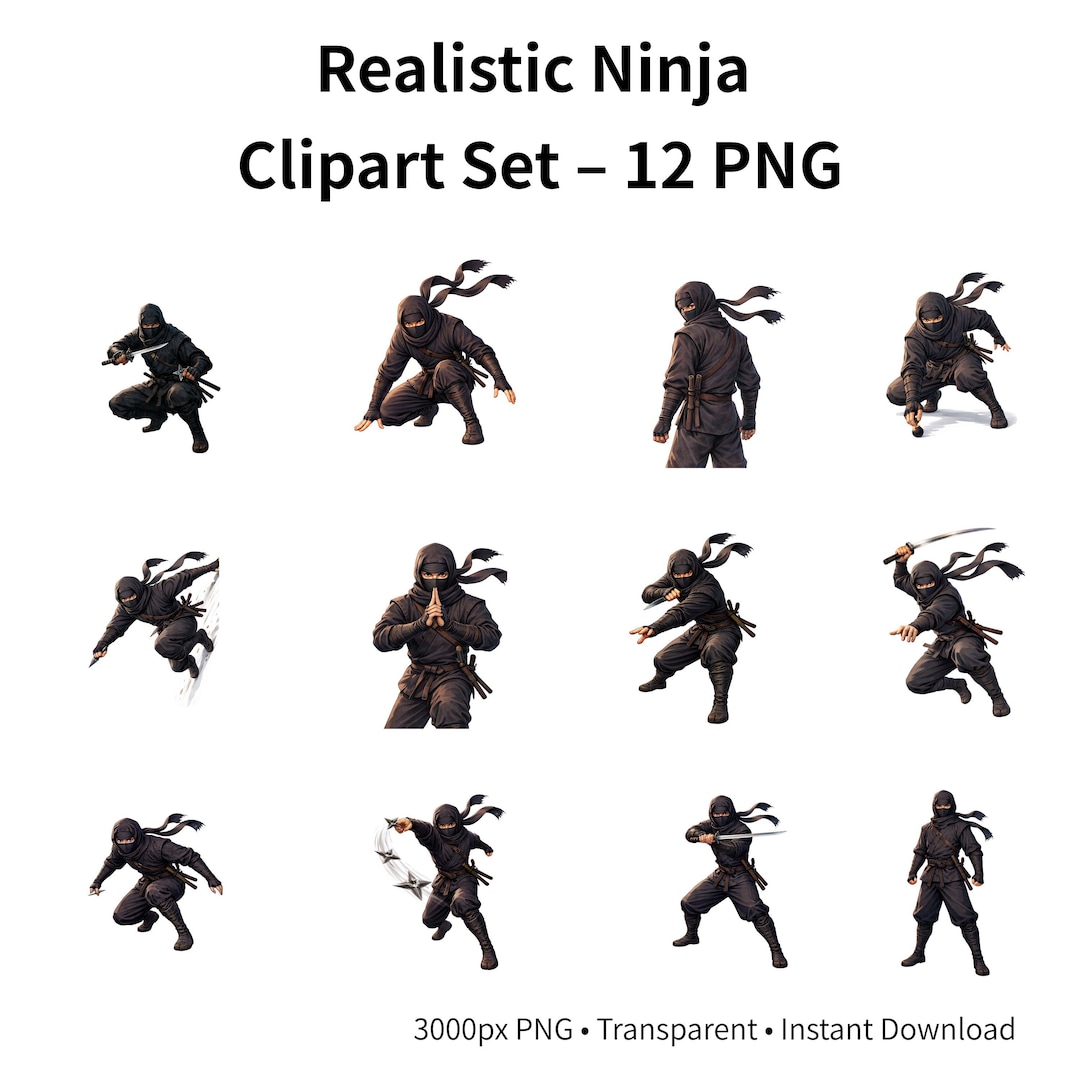 Realistic Ninja Clipart Set – 12 PNG Action Poses, Transparent ...