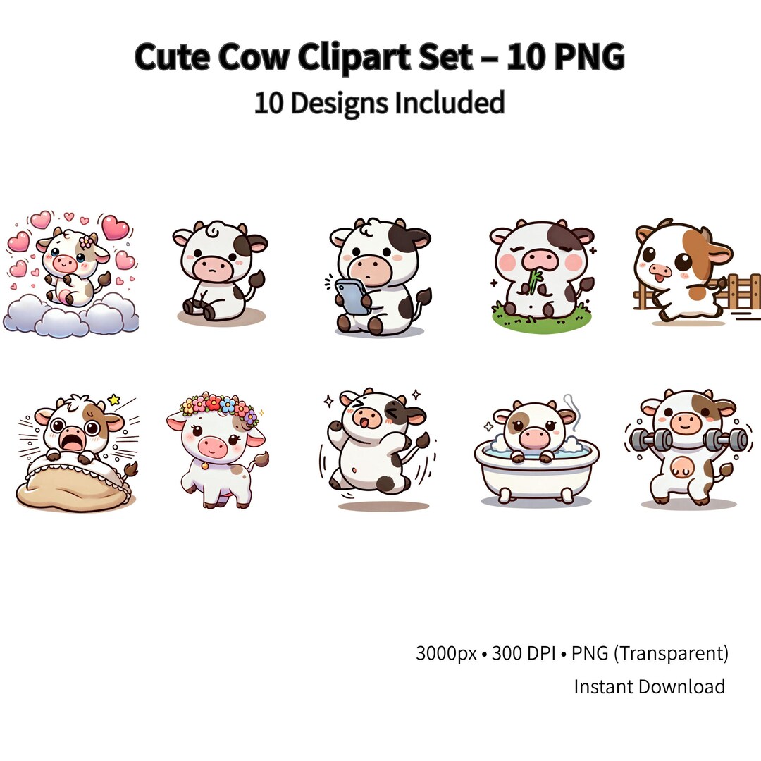 Cute Cow Clipart – 10 PNG Kawaii Baby Cows Pastel Farm Animal Stickers ...