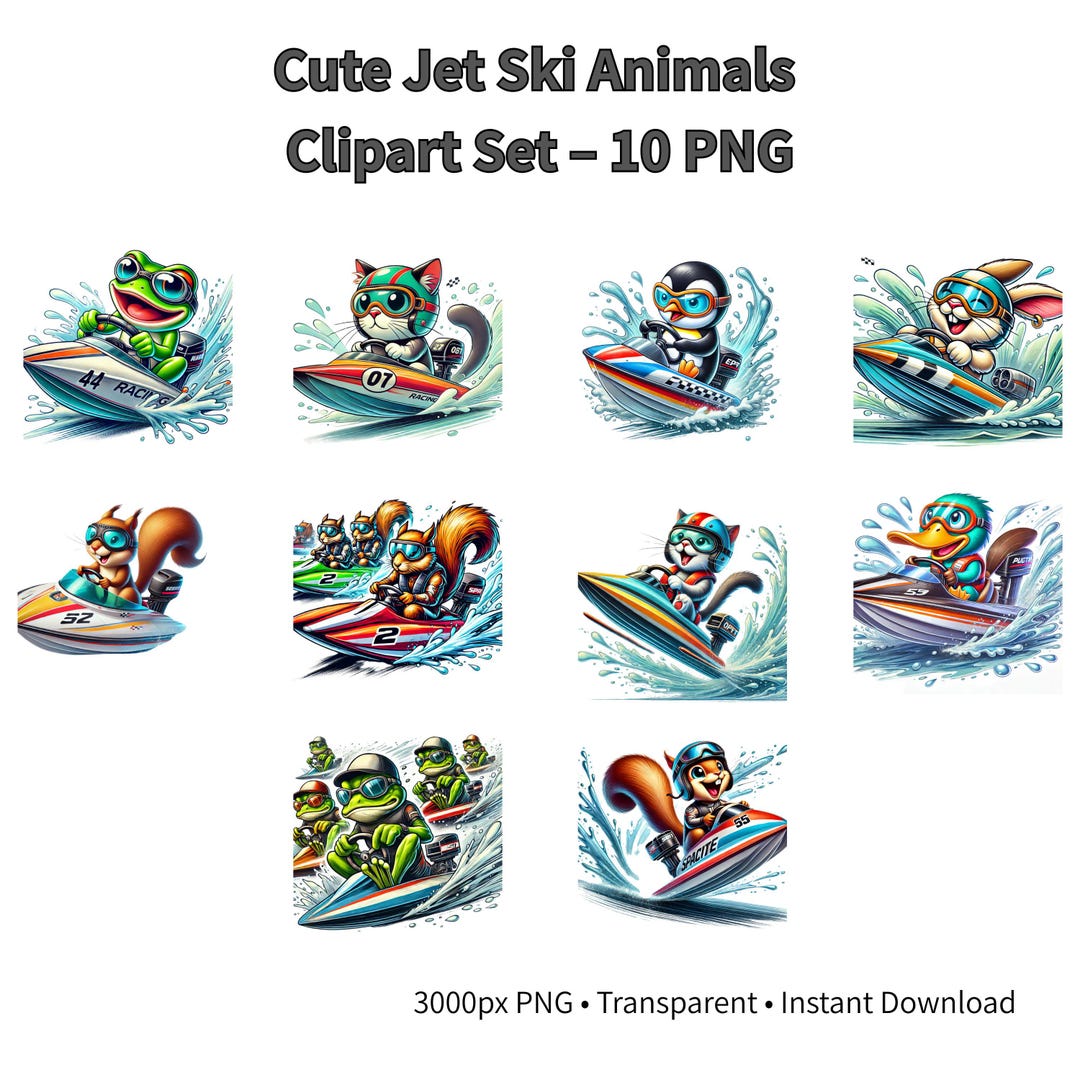 Cute Jet Ski Animals Clipart Set – 10 PNG Images, 3000px, Kawaii ...