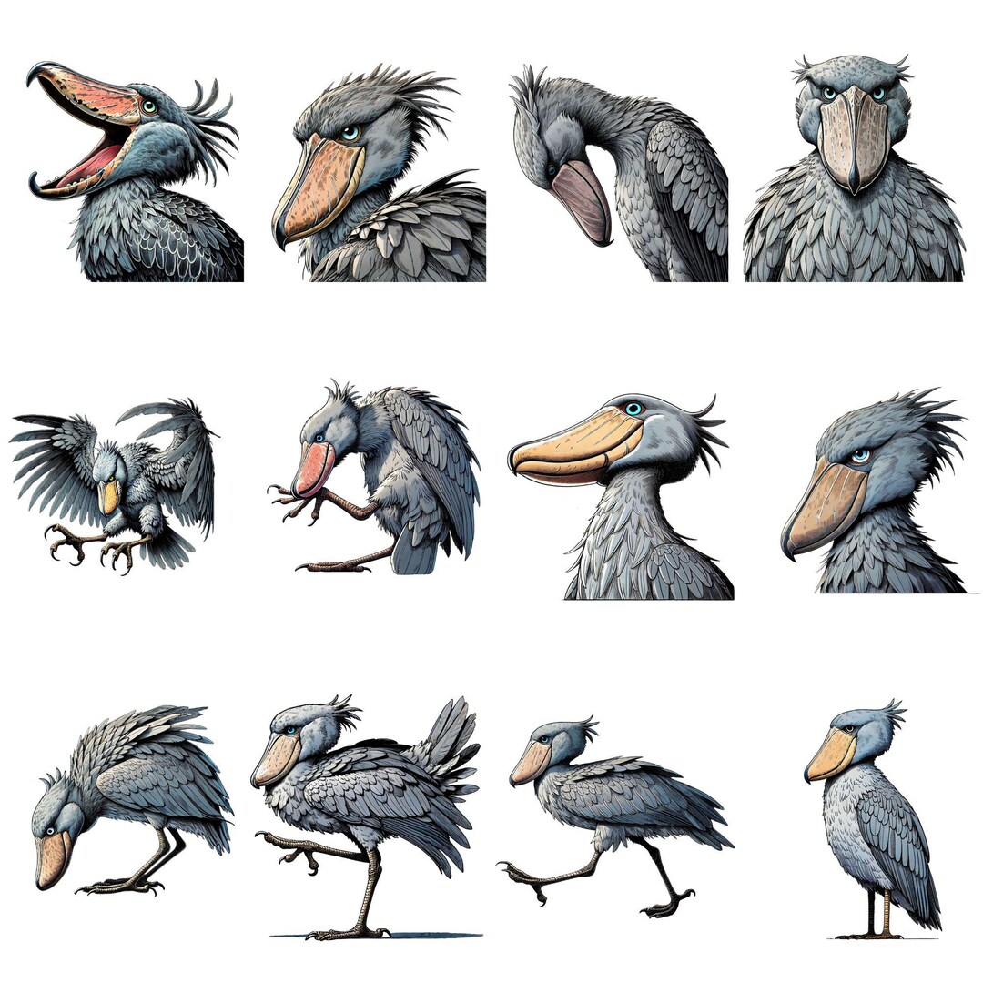 Shoebill Stork Clipart Set PNG – Realistic Wildlife Bird Illustration ...