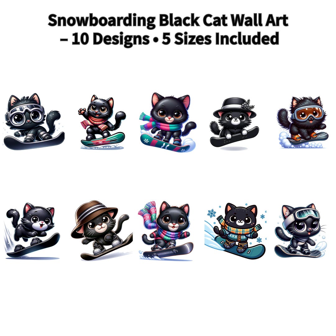 Snowboarding Black Cat Wall Art – Cute Winter Animal Print, Nursery ...