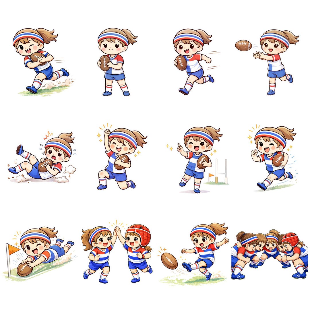 Rugby Girl Clipart Set – Kawaii Sports Girl PNG Bundle, Instant Digital ...