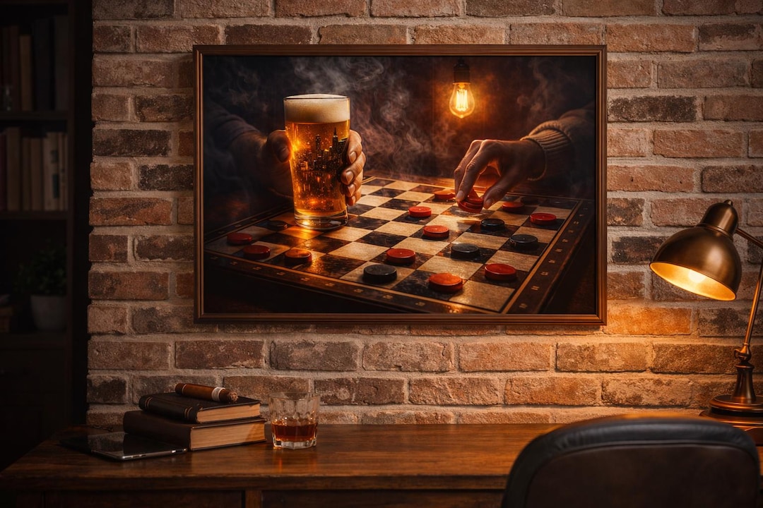 Checkers & Beer Wall Art, Moody Game Night Print, Strategy Board ...