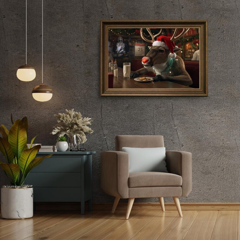 Funny Rudolph Reindeer at Bar Christmas Art – Tired Reindeer Drinking ...