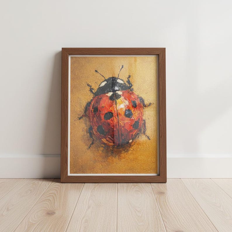 Ladybug Oil Painting, Red Bug Wall Art, Gold Background Insect Art ...