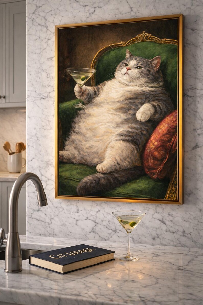 Vintage Fat Cat Martini Painting, Whimsical Art Print (digital Download ...