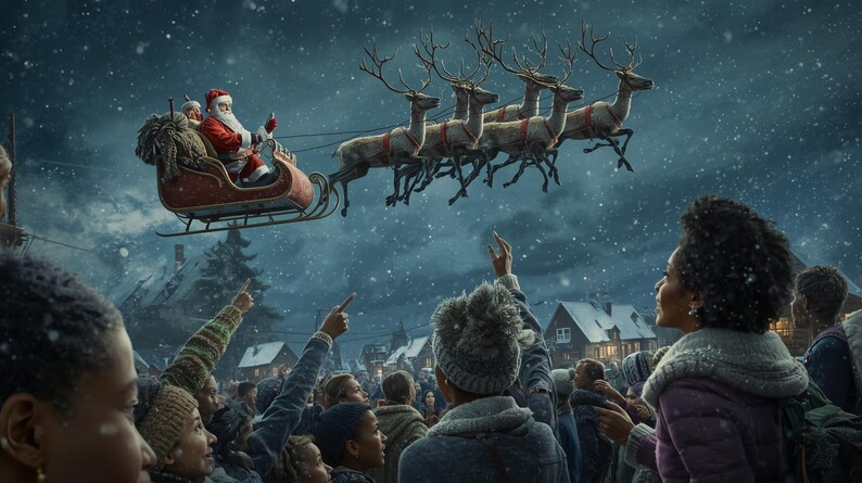Realistic Santa Flying Sleigh Christmas Art – Magical Night Sky ...