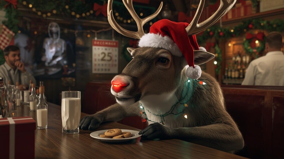 Funny Rudolph Reindeer at Bar Christmas Art – Tired Reindeer Drinking ...