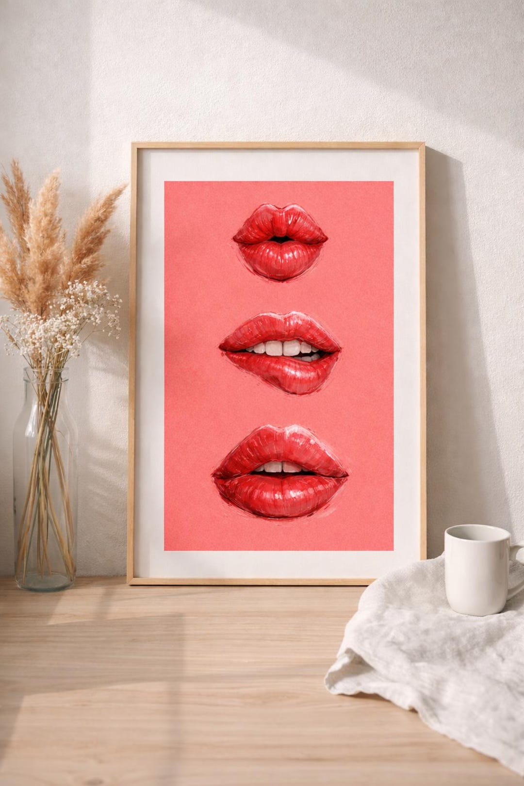Red Lips Wall Art Print | Kissy Lips & Bite Lip Art | Bold Feminine Pop ...